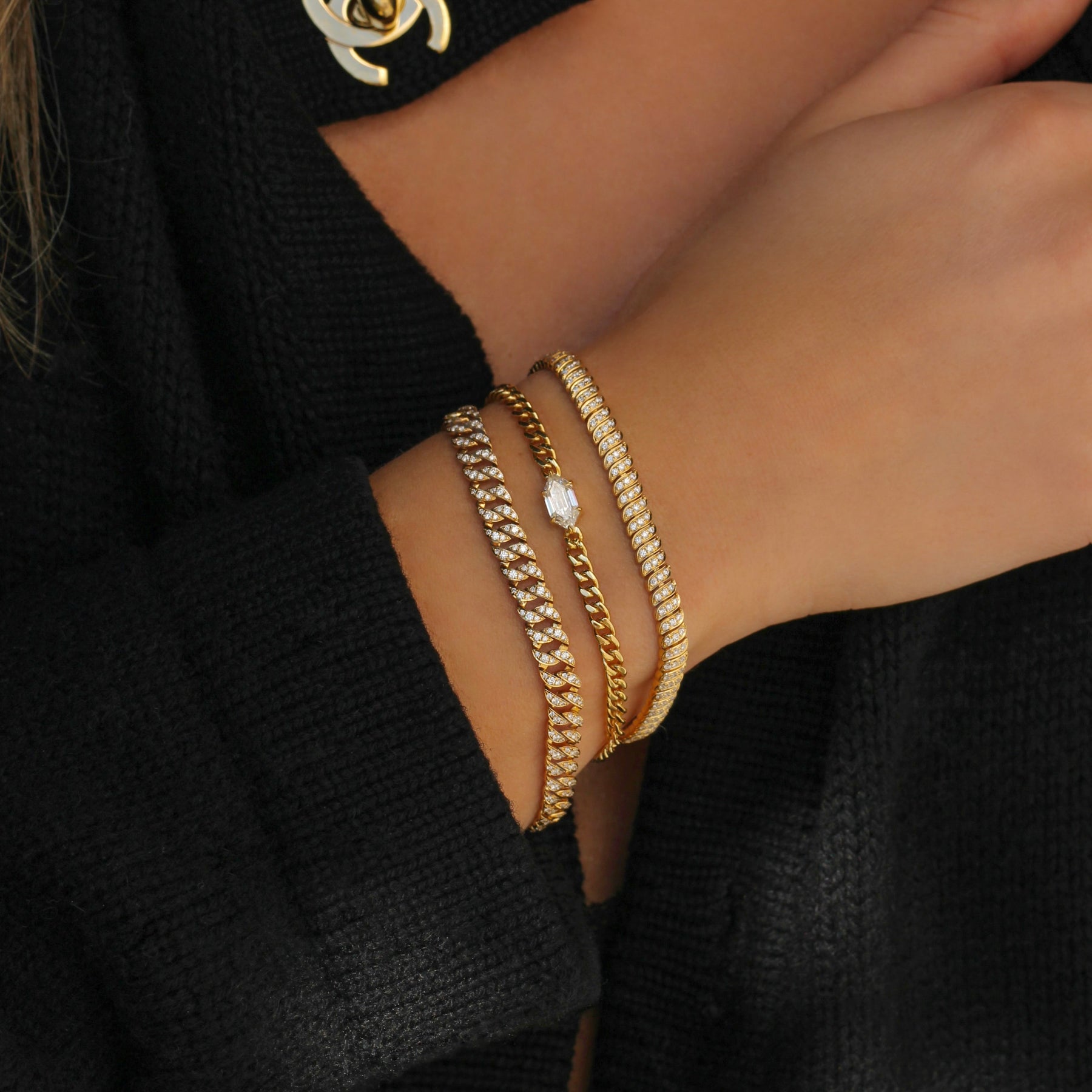 SMALL CUBAN LINK BRACELET WITH ELONGATED HEXAGON KITE DIAMOND CENTER ...