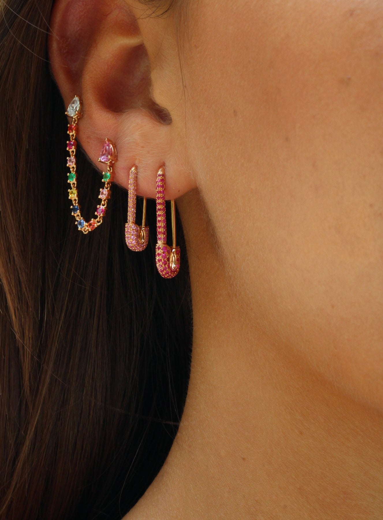 DOUBLE PIERCING LOOP EARRING WITH DIAMOND AND PINK SAPPHIRE PEAR STUDS ...